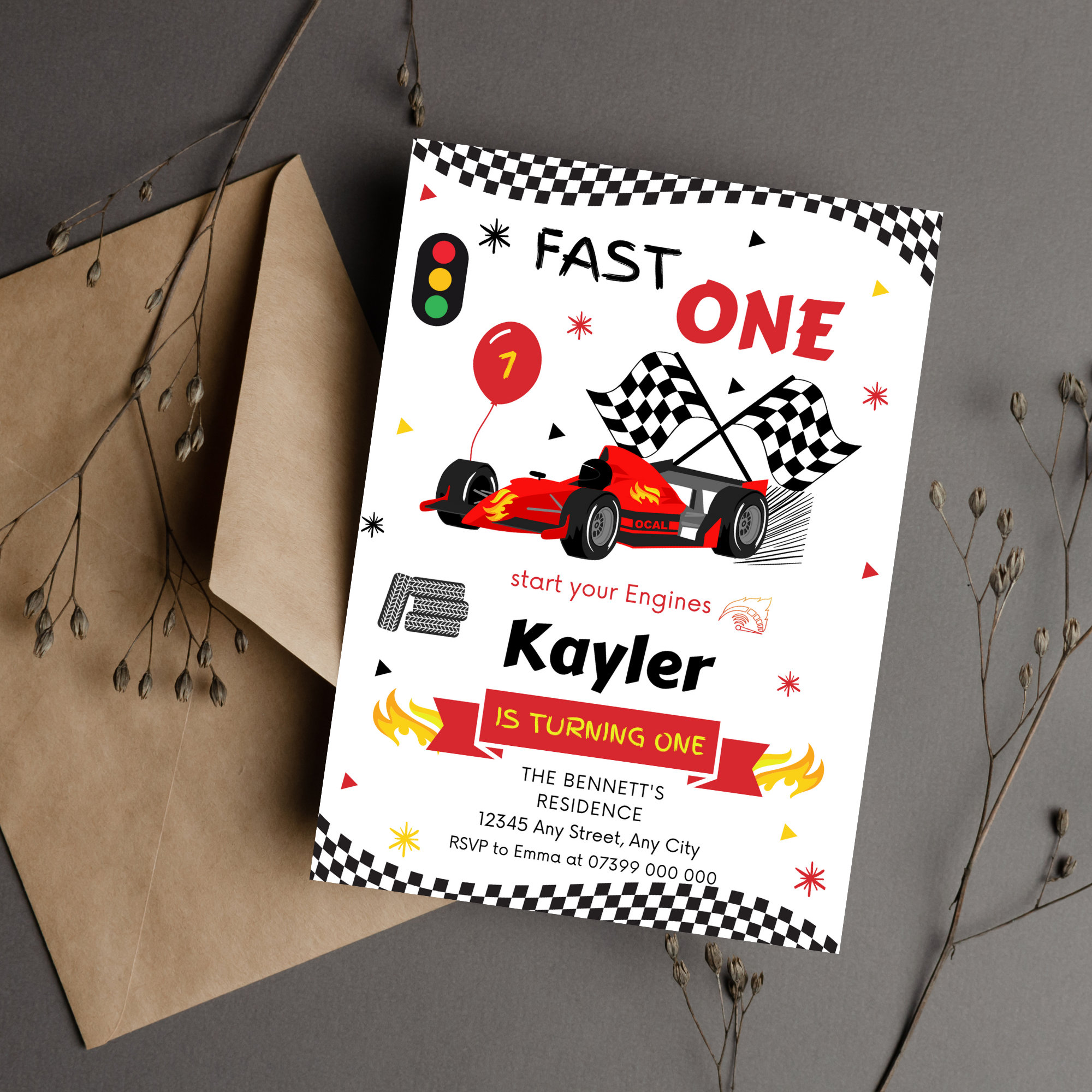 Editable Fast One 1st Birthday Invitation - Fast One Boy Race Car 1st ...