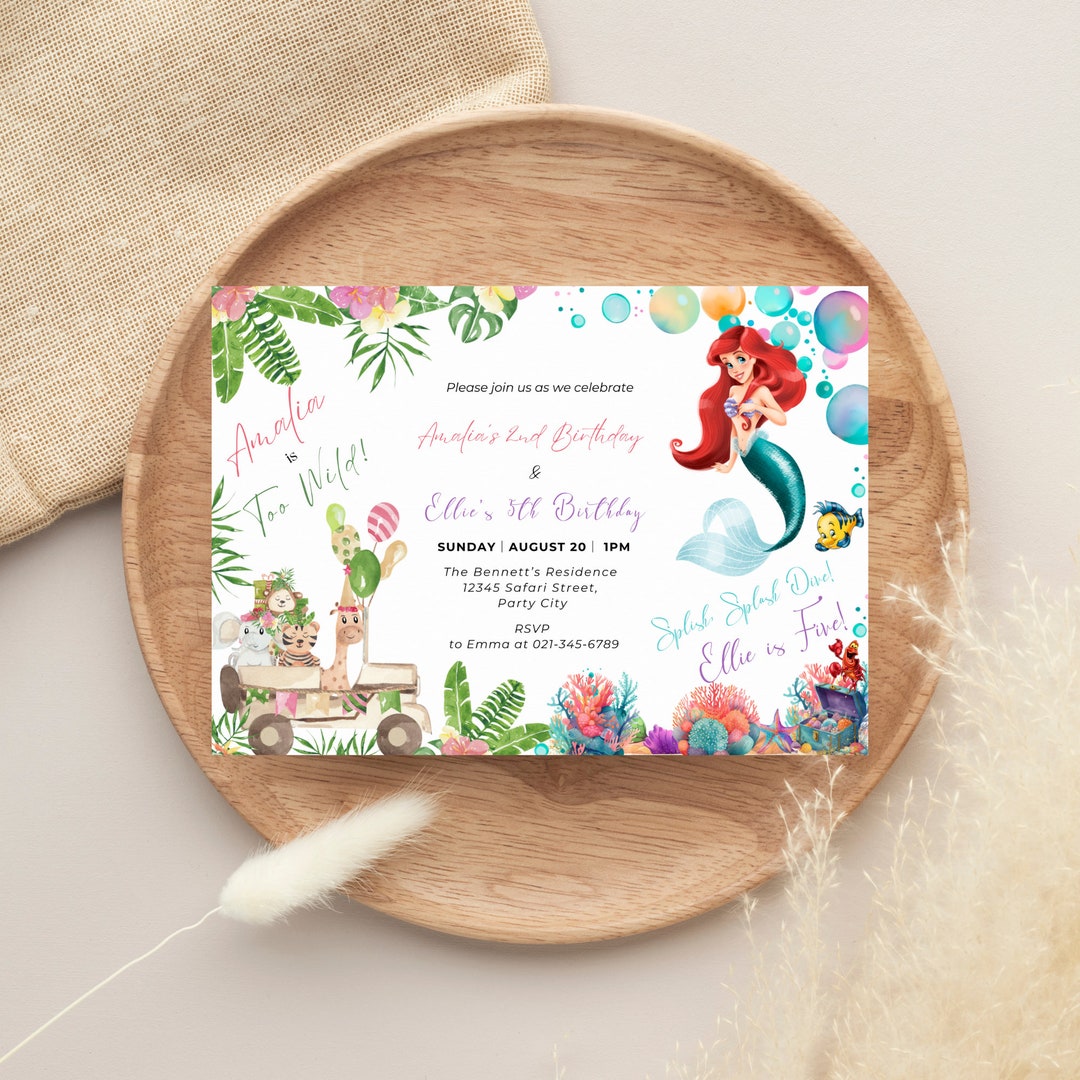 Editable Joint Birthday Invitation, Two Wild Safari and Little Mermaid ...