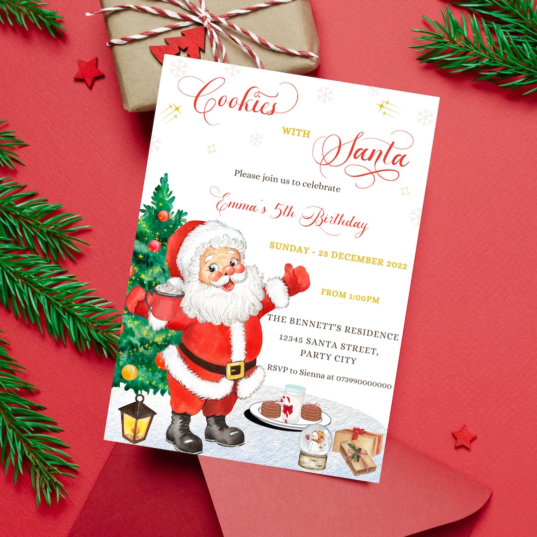 Cookies With Santa Invitation, Editable Santa Birthday Party Invite ...