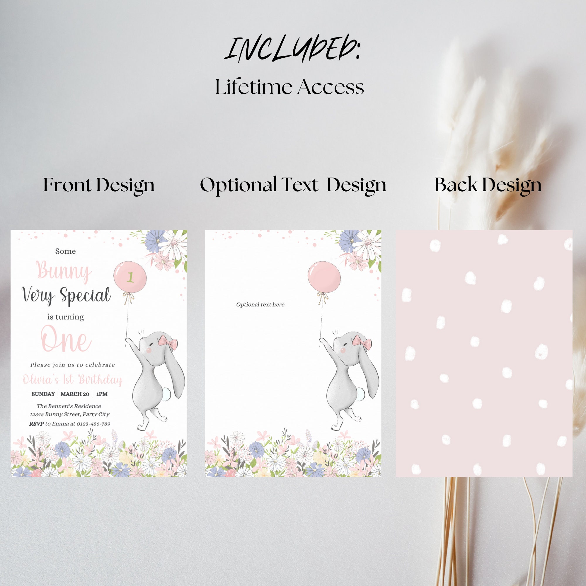 Editable Bunny 1st Birthday Invitation, Girl Any Age Bunny Birthday ...