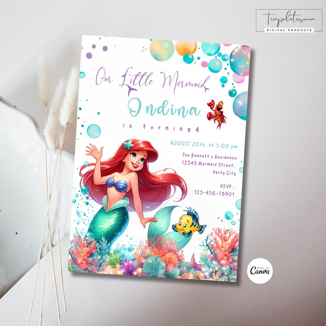 Editable Little Mermaid Birthday Invitation, Ariel Birthday Invitation ...