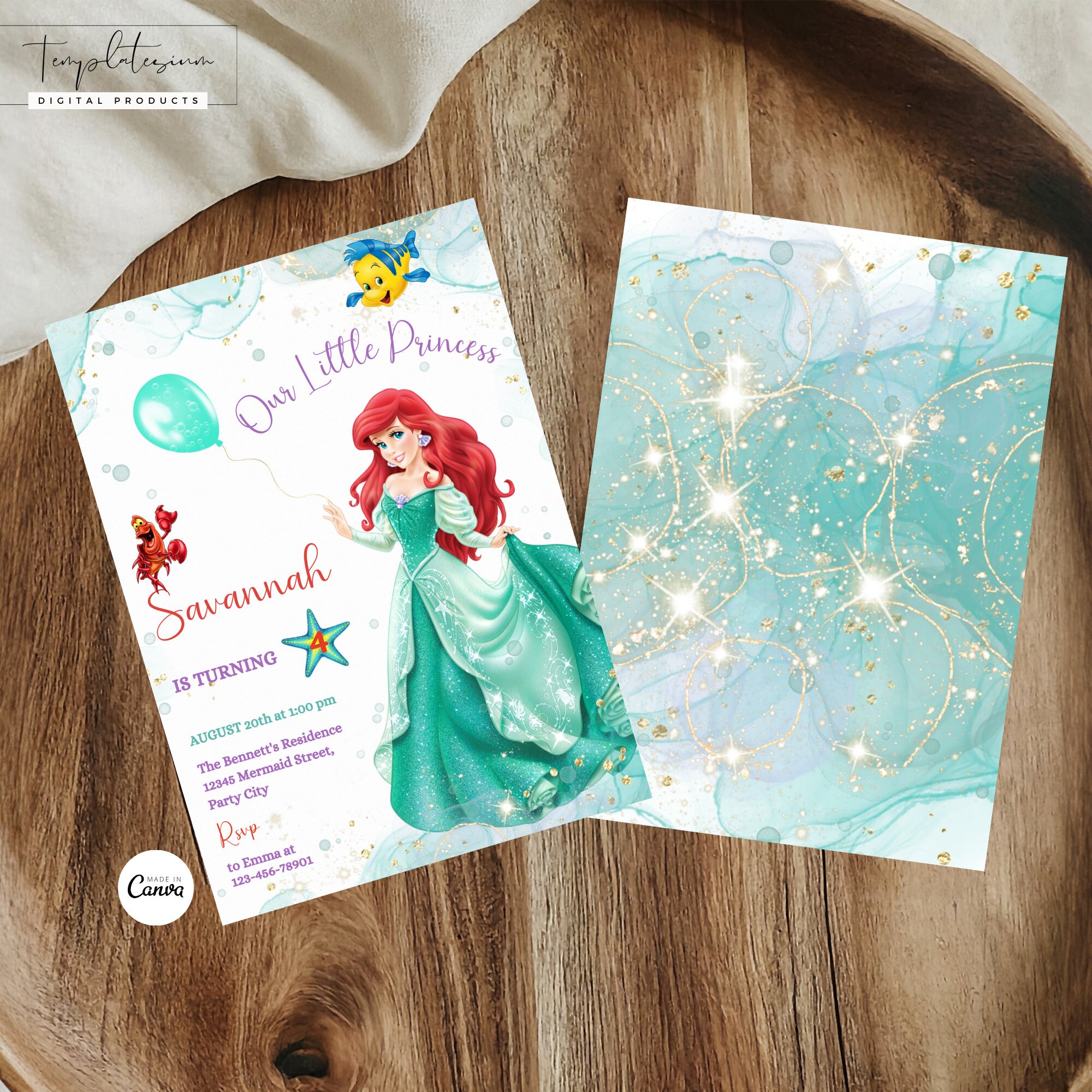 Editable Princess Ariel Invitation Little Mermaid Birthday Invite ...