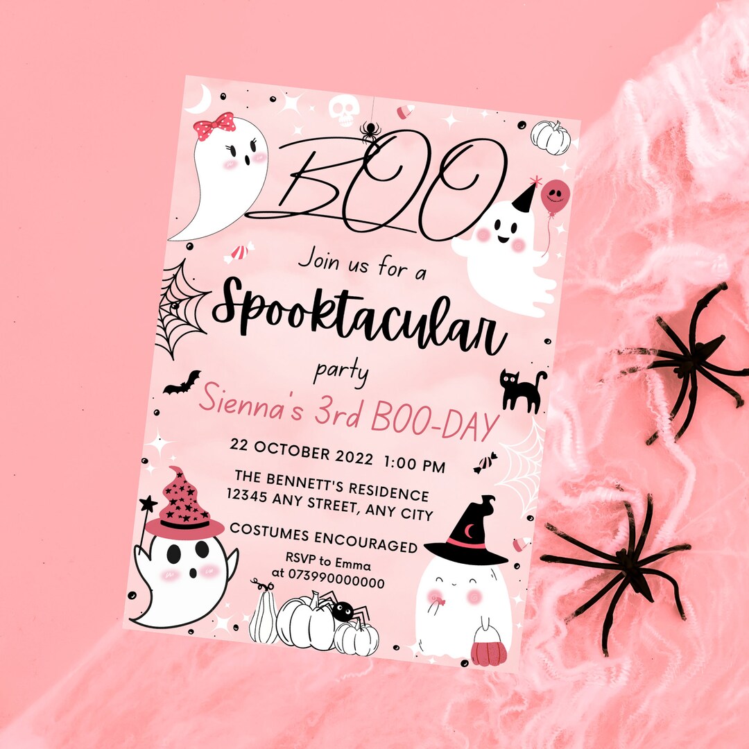 Editable Halloween Pink Ghost Birthday Party Invitation - Spooky ...