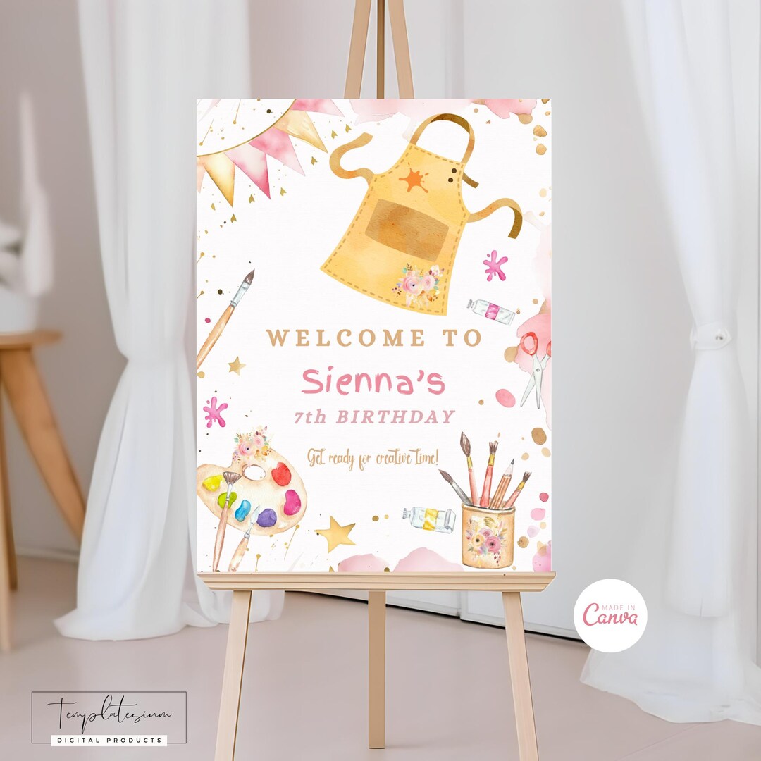 Editable Art Birthday Welcome Sign Girl Birthday Decor Painting Party ...