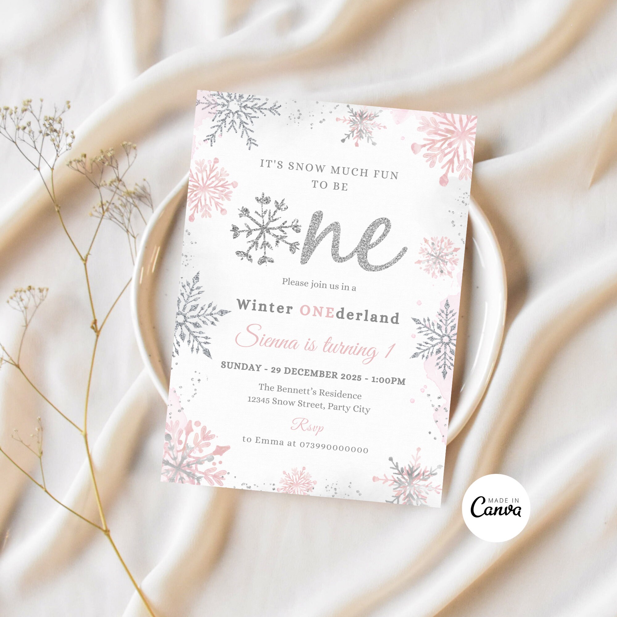 Editable WINTER Onederland Invitation Pink Silver Winter - Etsy