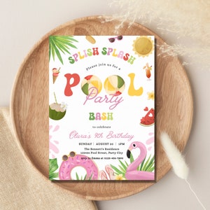 Tropical Pool Party Girl Birthday Invitation Editable Retro Birthday ...
