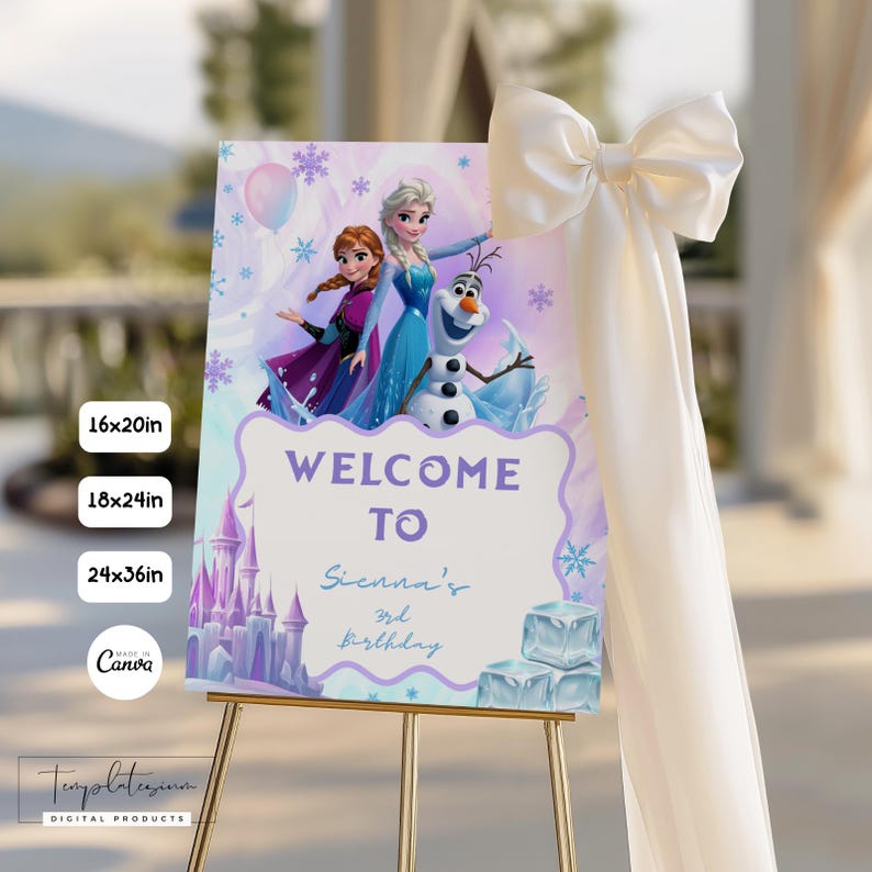 Frozen Birthday Welcome Sign Elsa Anna Party Decor Editable Canva ...