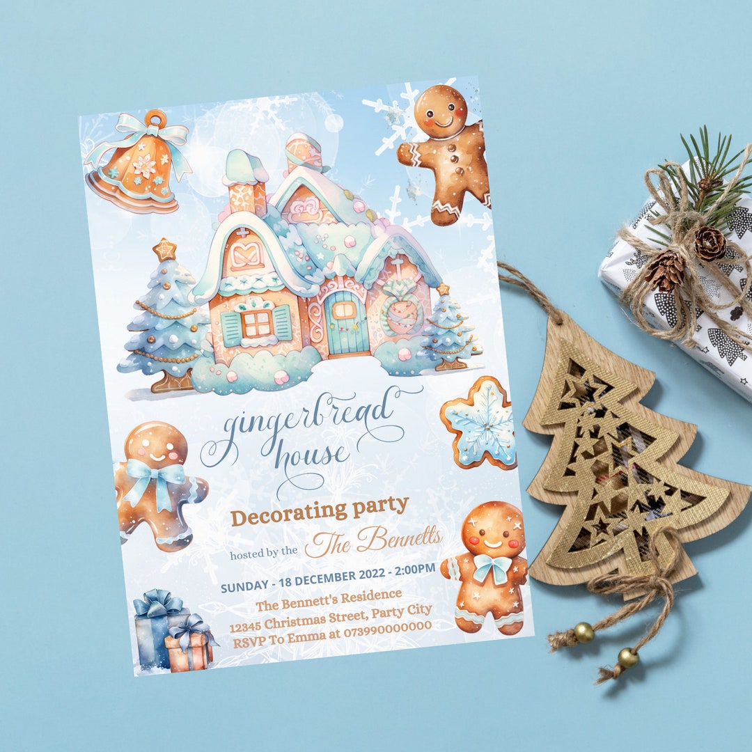 Editable Gingerbread House Decorating Party Invitation, Blue ...