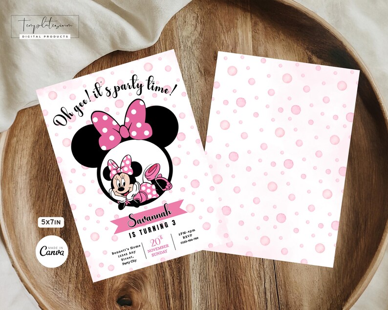 Editable Minnie Mouse Birthday Invitation, Pink Bow Invite, Digital ...