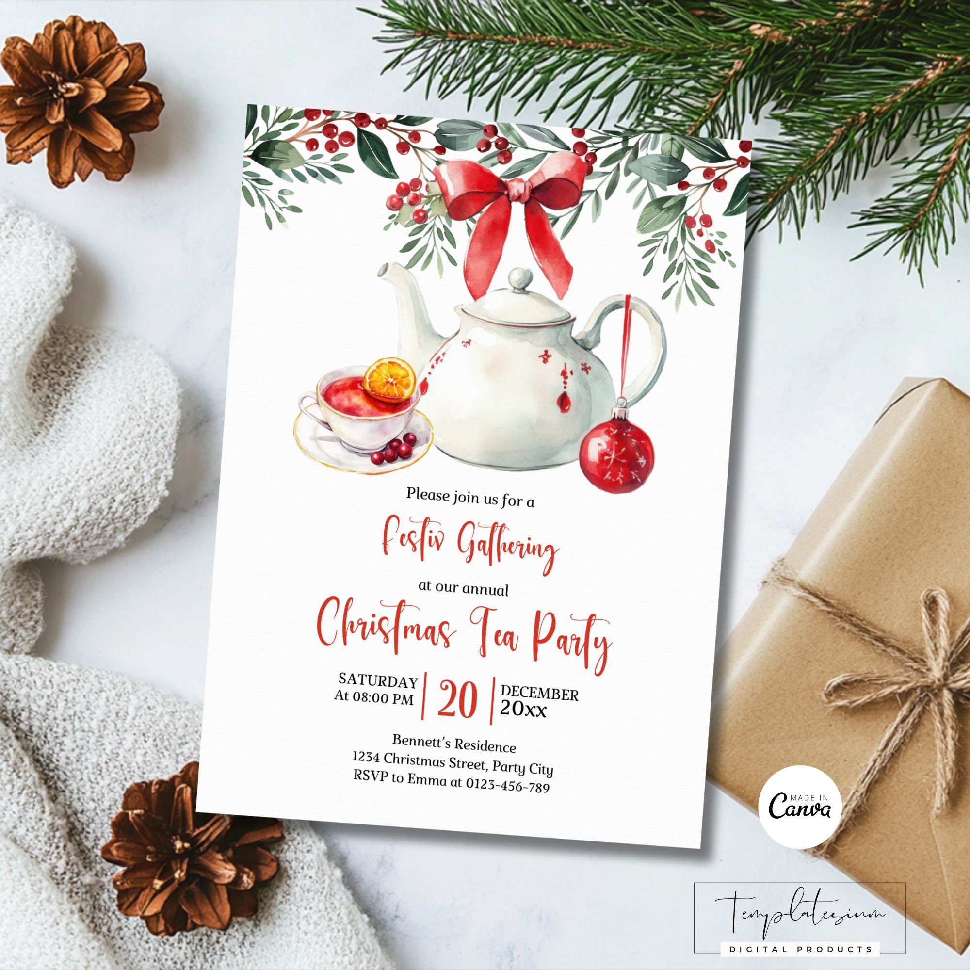 Christmas Tea Party Invitation, Holiday Tea Party Invitation, Tea Party ...
