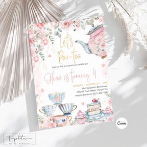 Editable Tea Party Birthday Invitation Girl Birthday Party Invite Gold ...