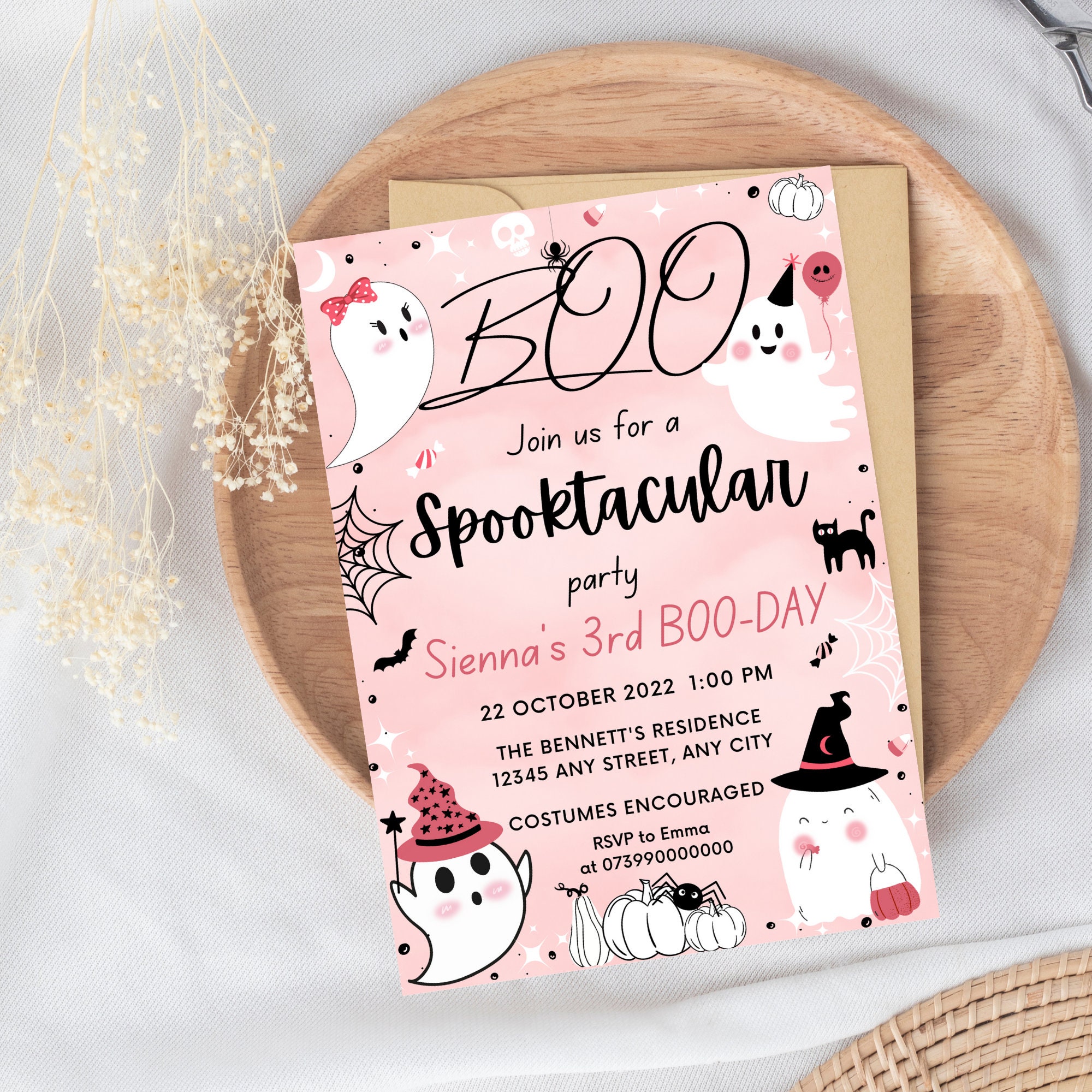 Editable Halloween Pink Ghost Birthday Party Invitation - Etsy
