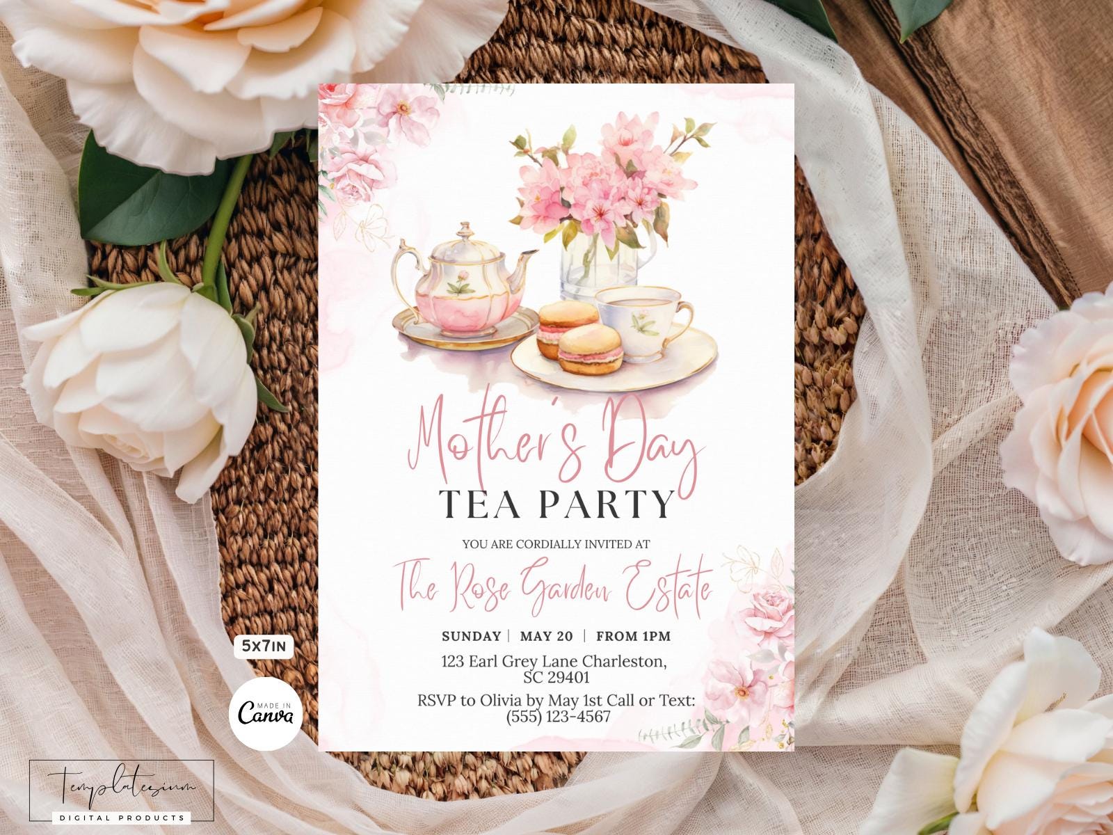 Mother's Day Tea Party Invitation Canva Custom Blush Pink Floral ...