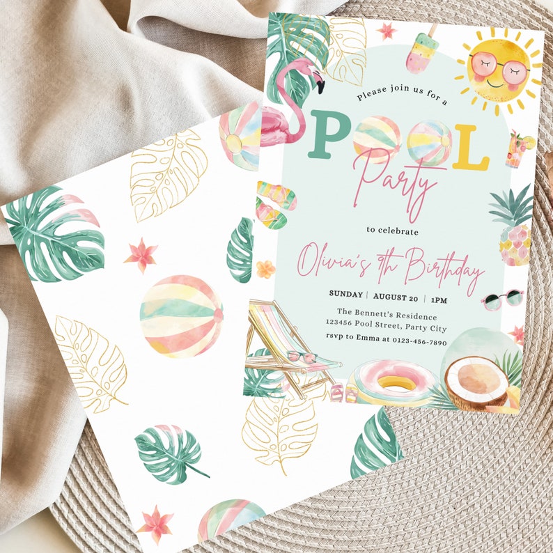 Tropical Pool Party Girl Birthday Invitation Editable Modern Simple ...