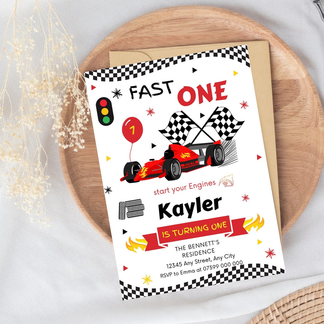Editable Fast One 1st Birthday Invitation - Fast One Boy Race Car 1st ...