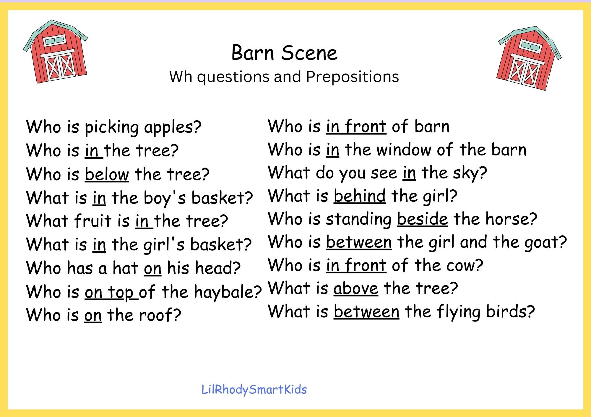 Prepositions and Wh Questions- on the Farm Theme. Reinforce ...