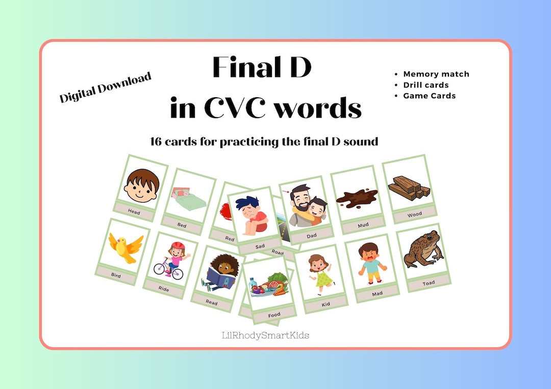 Final D in CVC Words With Early Consonant Sounds- Great for Drill or ...