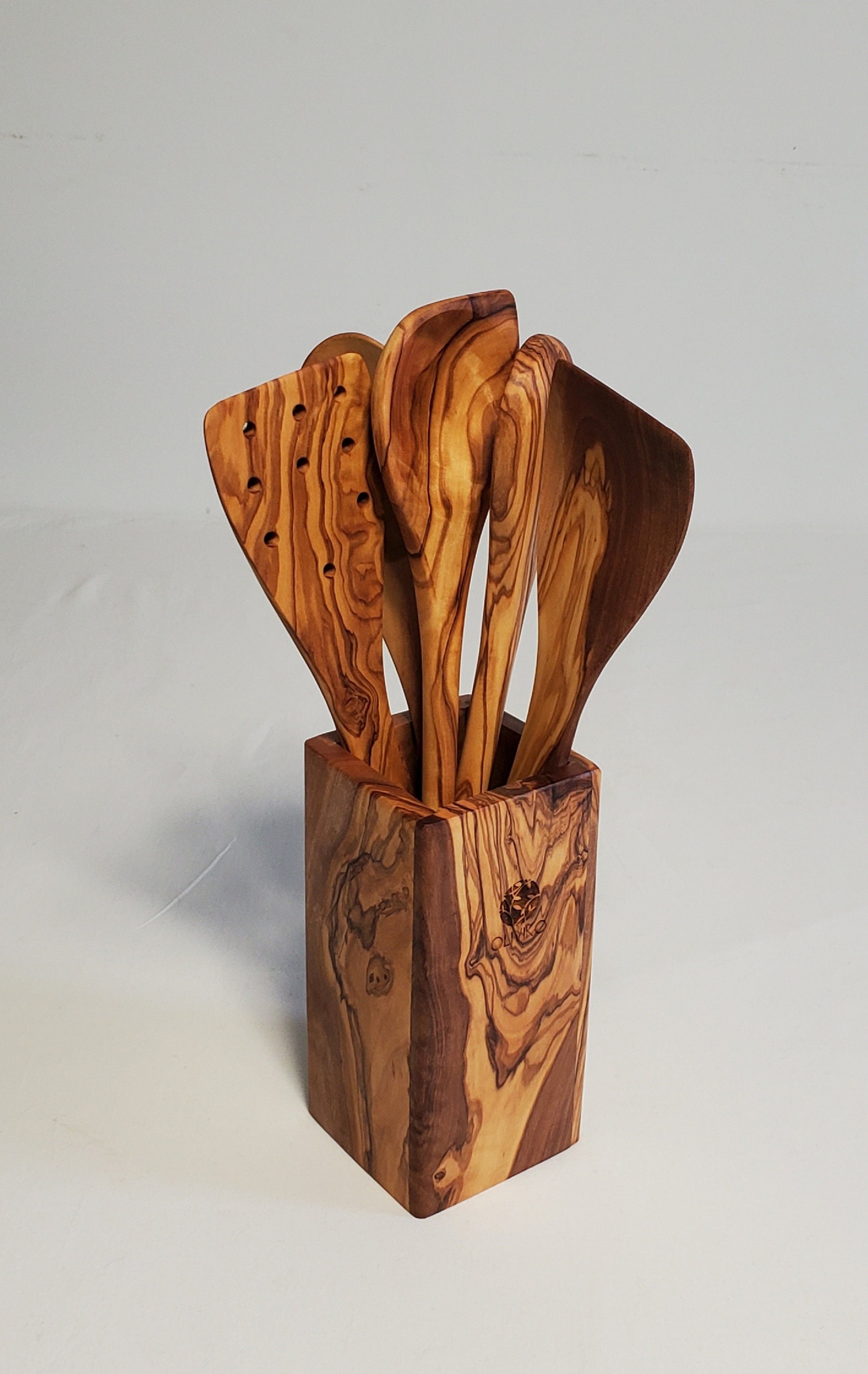 OLIVIKO Handmade Olive Wood Holder+ Utensils Kit of 5 Utensils Holder+ ...
