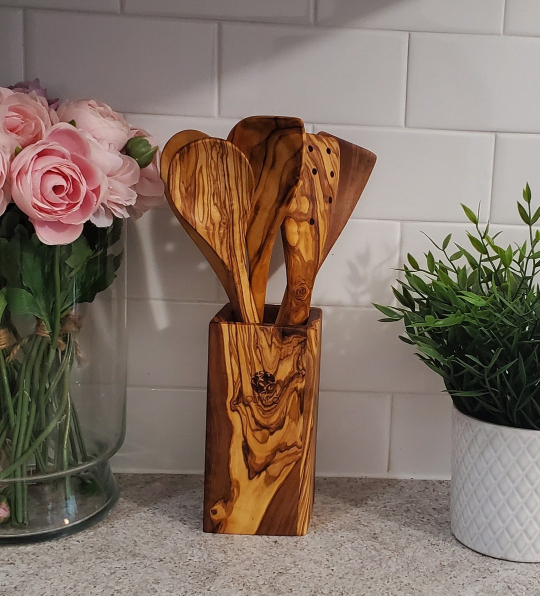 OLIVIKO Handmade Olive Wood Holder+ Utensils Kit of 5 Utensils Holder+ ...
