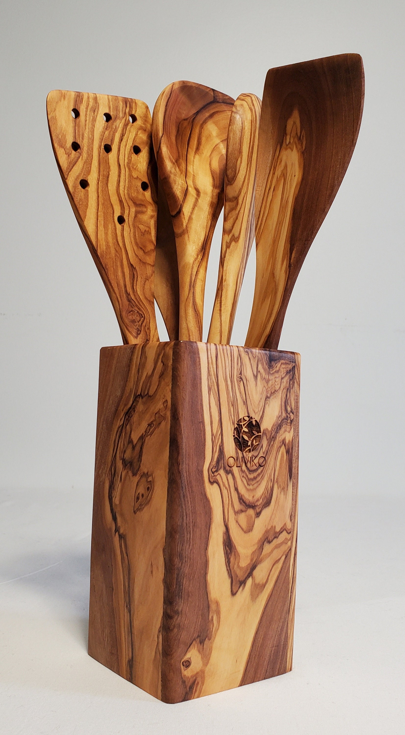 OLIVIKO Handmade Olive Wood Holder+ Utensils Kit of 5 Utensils Holder+ ...
