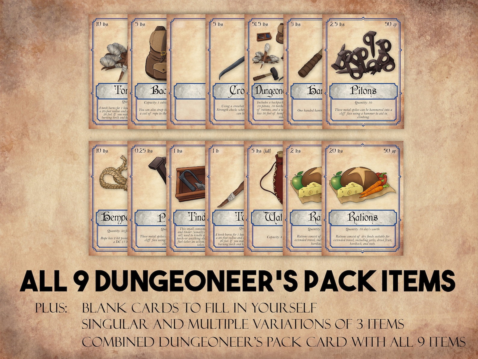 Dnd Item Cards, Dungeons and Dragons Printable Dungeoneer's Pack Cards, Dungeon Master Tools, D ...
