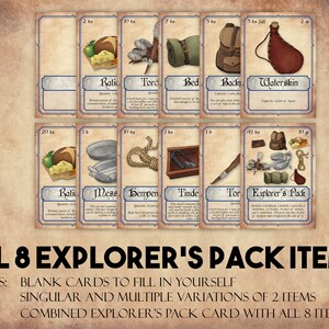 Dnd Item Cards, Dungeons and Dragons Printable Explorer's Pack Cards ...