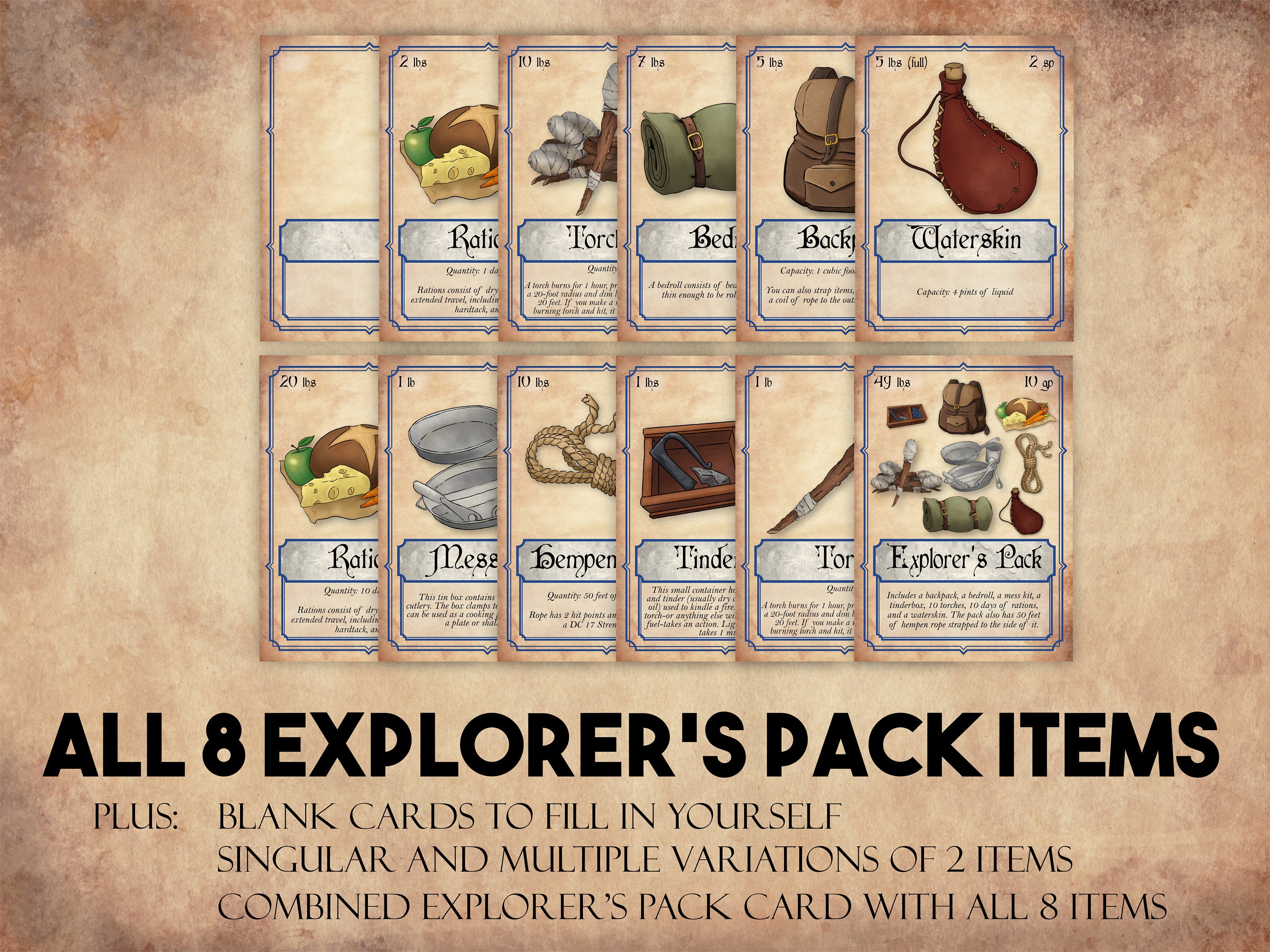 Cartas de itens DnD, cartas de pacote de explorador para impressão de ...