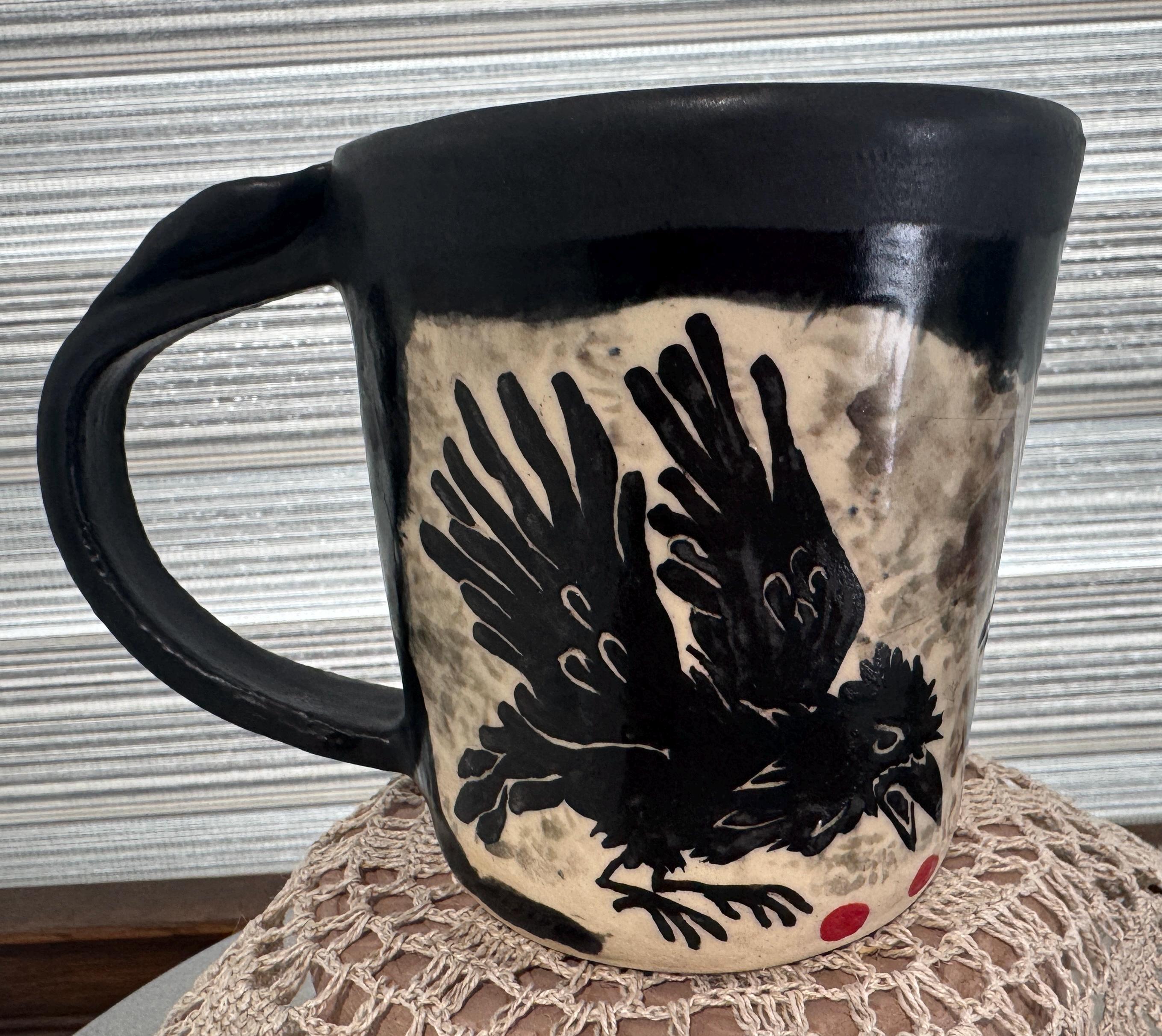 Raven / Crow Mug Hand Built Slab Pottery Matte Black Glaze Grey/ Made ...
