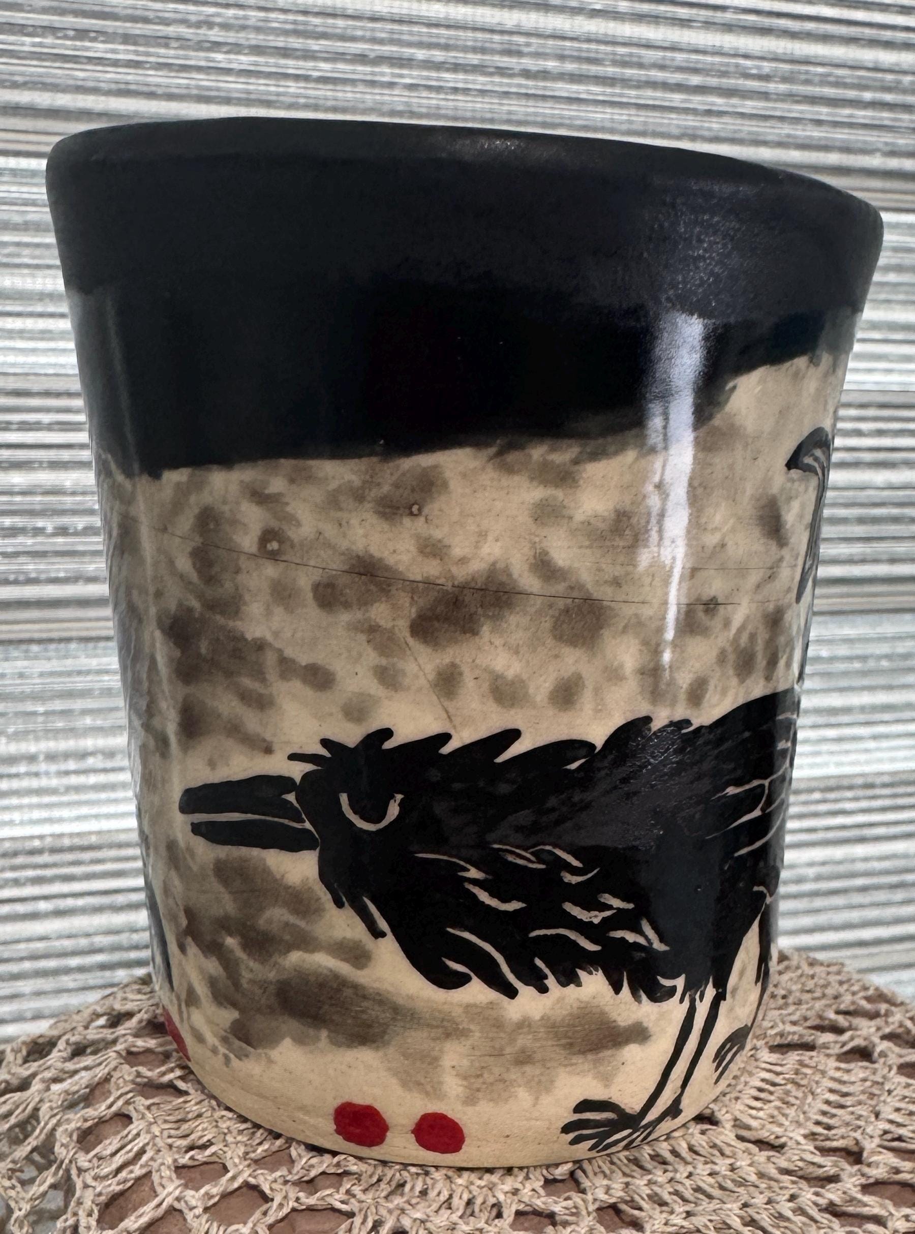 Raven / Crow Mug Hand Built Slab Pottery Matte Black Glaze Grey/ Made ...