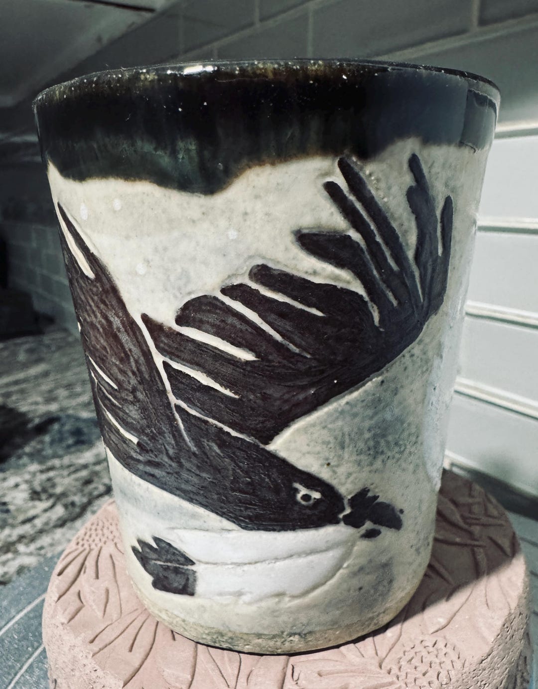 Raven / Crow Mug Hand Built Slab Pottery Flying Feather/ Made in Canada ...
