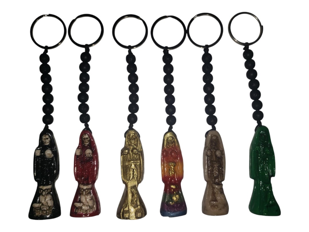 Santa Muerte Holy Death Keychain With 7 Black Lava Stone 8mm Beads and ...