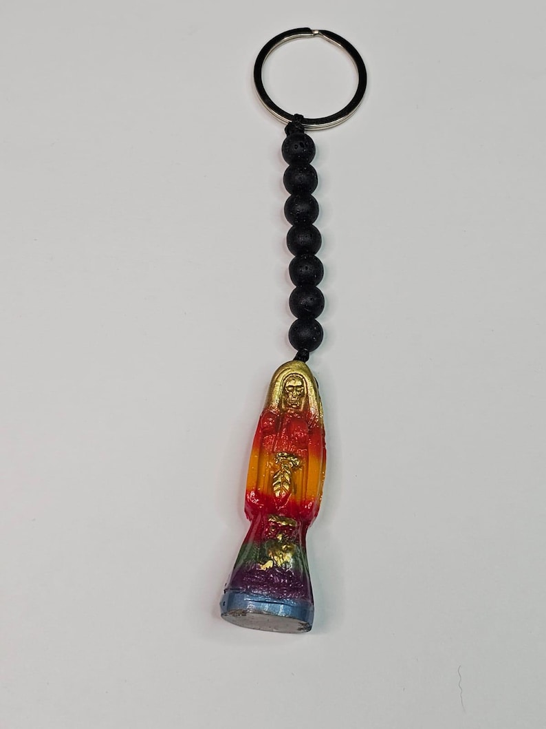 Santa Muerte Holy Death Keychain With 7 Black Lava Stone 8mm Beads and ...