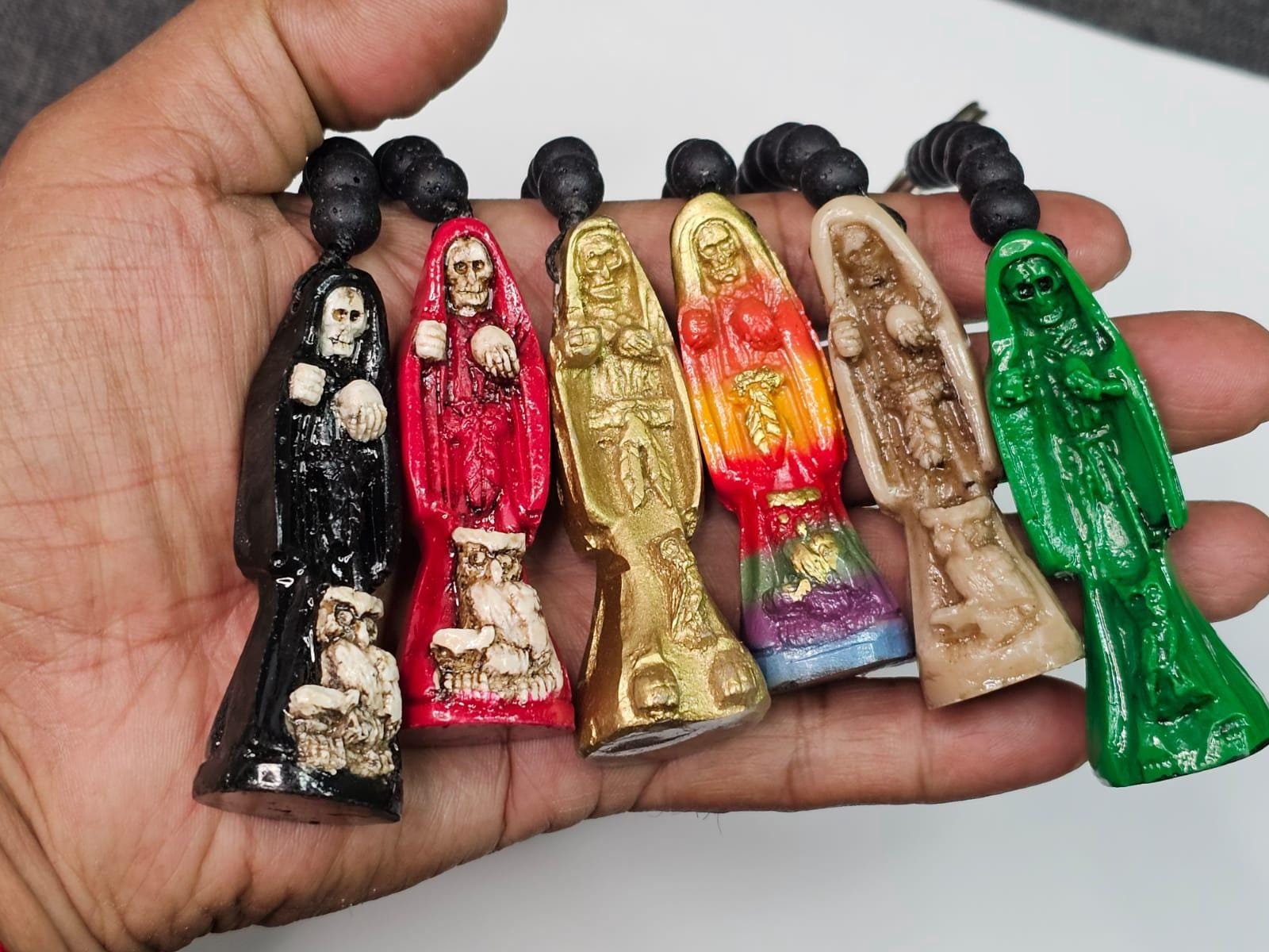 Santa Muerte Holy Death Keychain With 7 Black Lava Stone 8mm Beads and ...