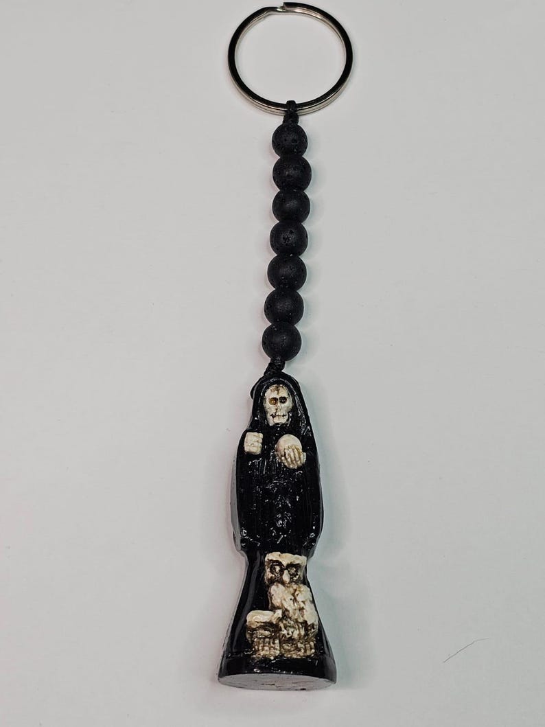 Santa Muerte Holy Death Keychain With 7 Black Lava Stone 8mm Beads and ...