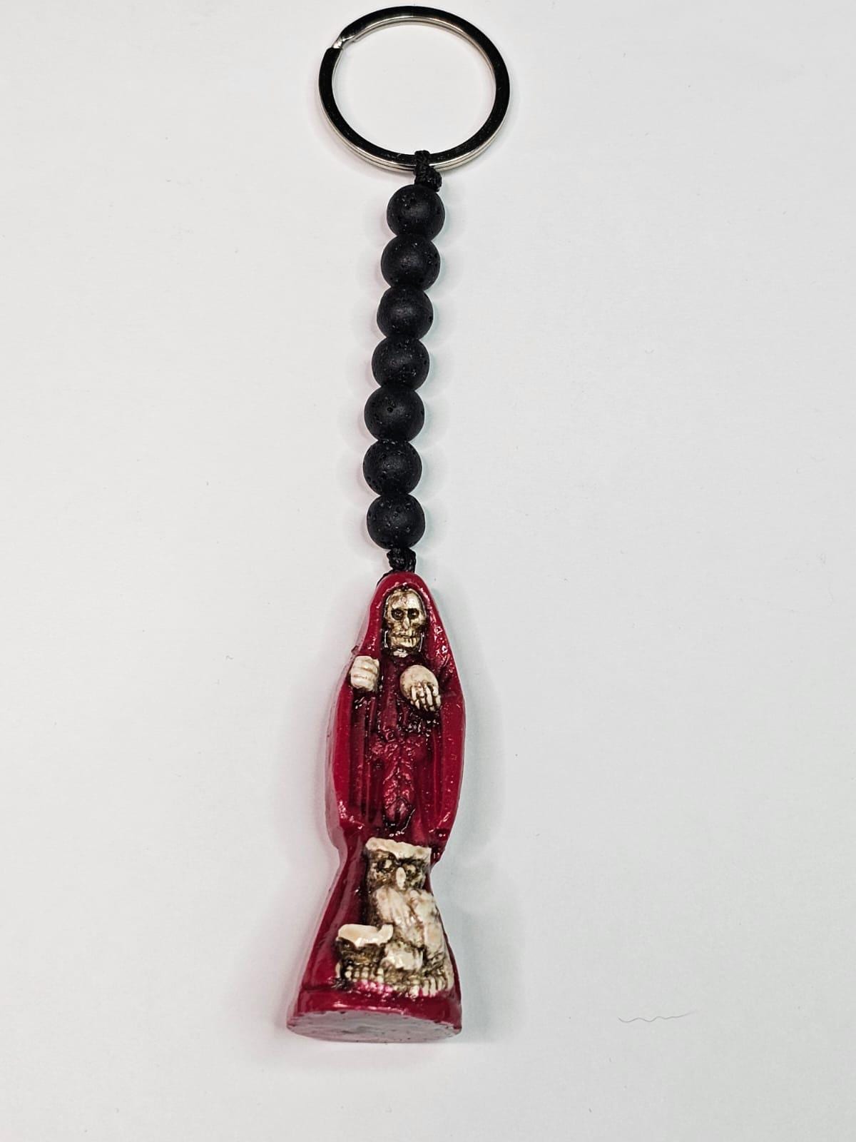 Santa Muerte Holy Death Keychain With 7 Black Lava Stone 8mm Beads and ...