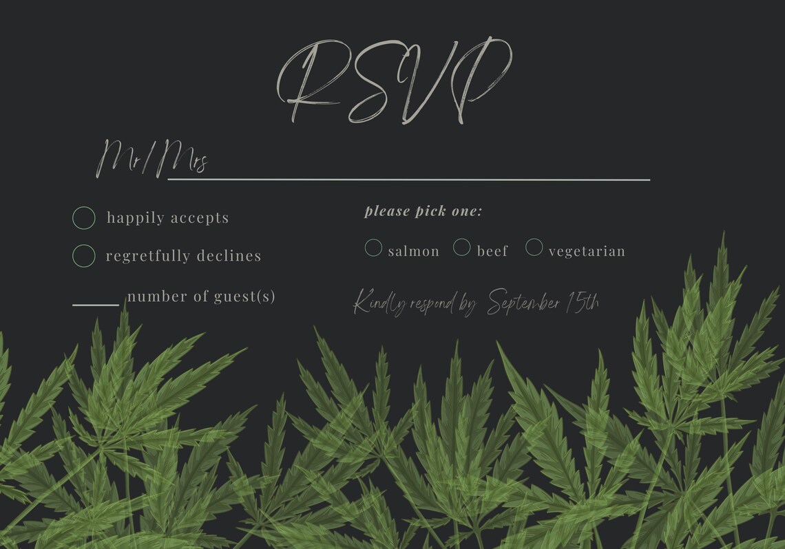 Black & Green Cannabis Wedding Invitation RSVP Card Printable Cannabis ...