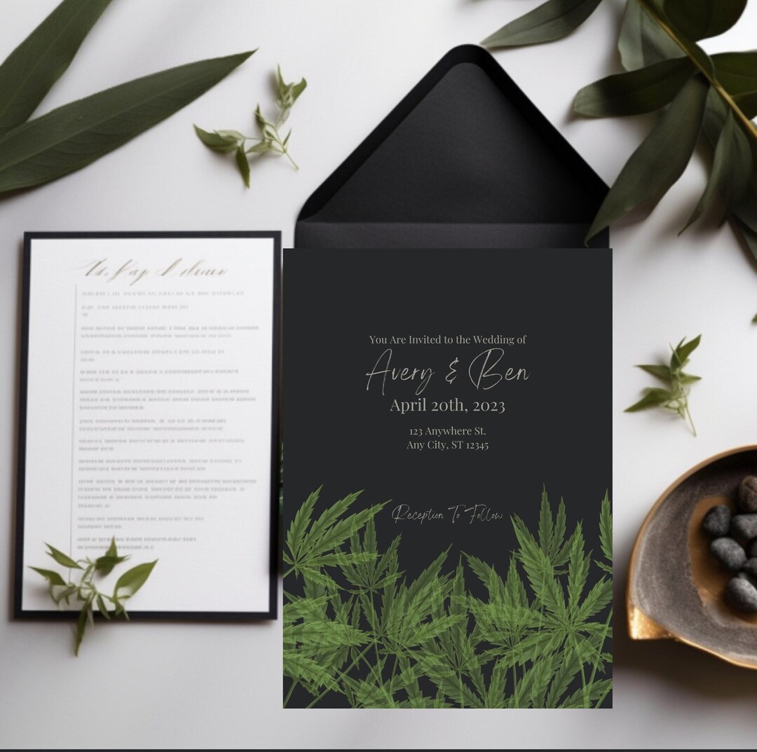 Black & Green Cannabis Wedding Invitation RSVP Card Printable Cannabis ...