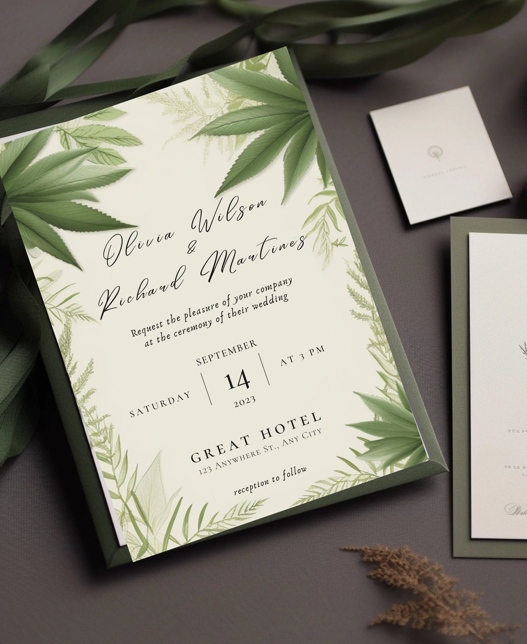 Jungle Green Cannabis Wedding Invitation, Save the Date, & RSVP Card ...