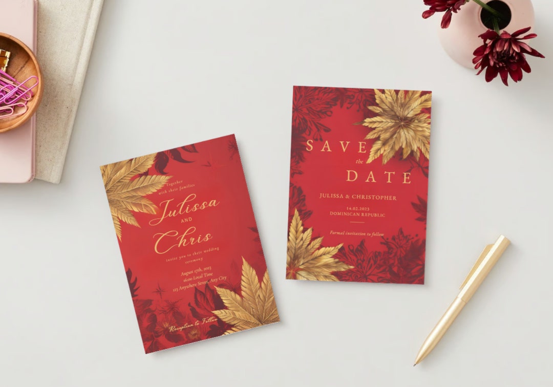 Red & Gold Cannabis Wedding Invitation, Save the Date, RSVP Card ...