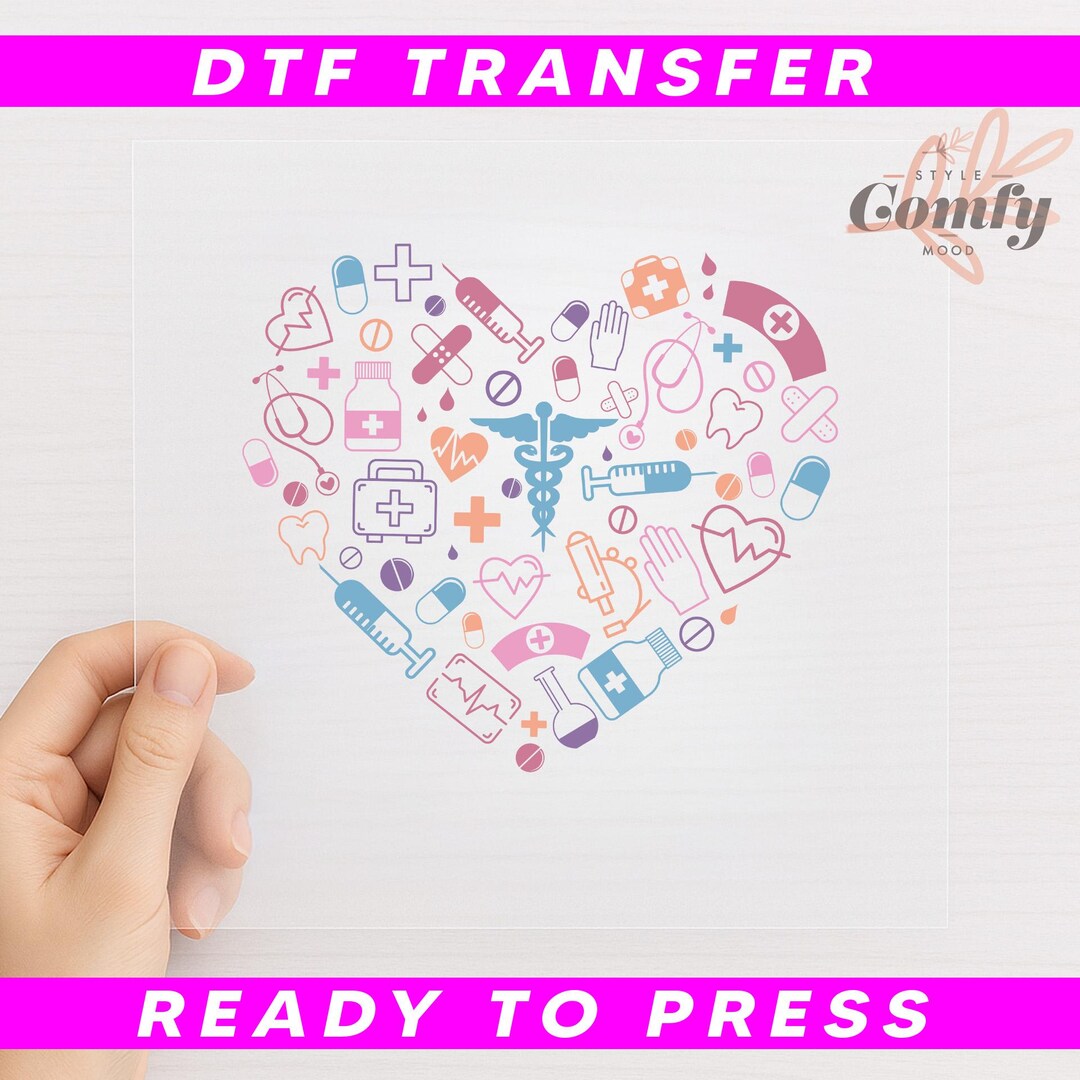 Medical Icons Heart Shape Nurse DTF Transfer Healthcare Graphic Ready ...