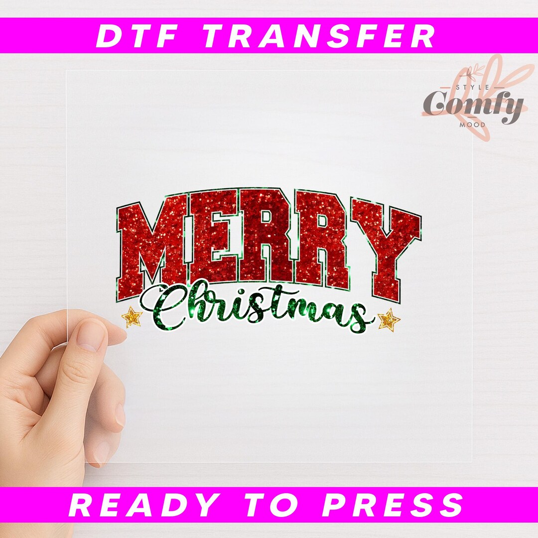 Merry Christmas Red Glitter Lettering DTF Transfer Holiday Typography ...