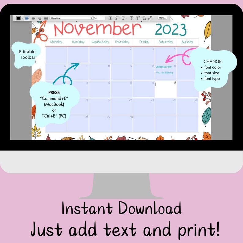 Editable November 2025 Calendar, Printable Fillable Digital Download, Cute Thanksgiving Planner ...