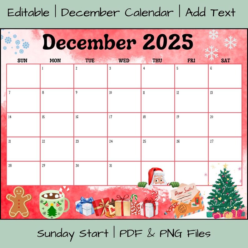 Editable December 2025 Calendar, Christmas Countdown, Fillable ...
