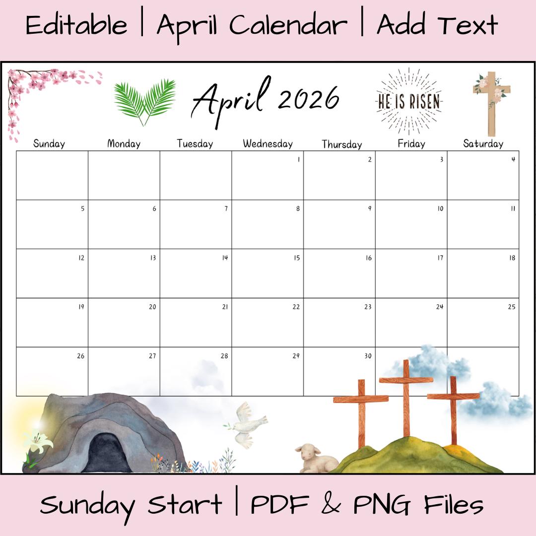 EDITABLE April 2026 Calendar, Easter Calendar, Activity Planner ...