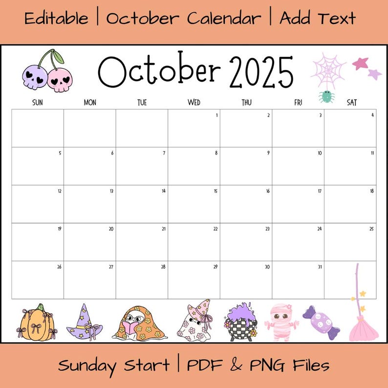 Editable October 2025 Calendar, Printable Fillable Digital Download ...