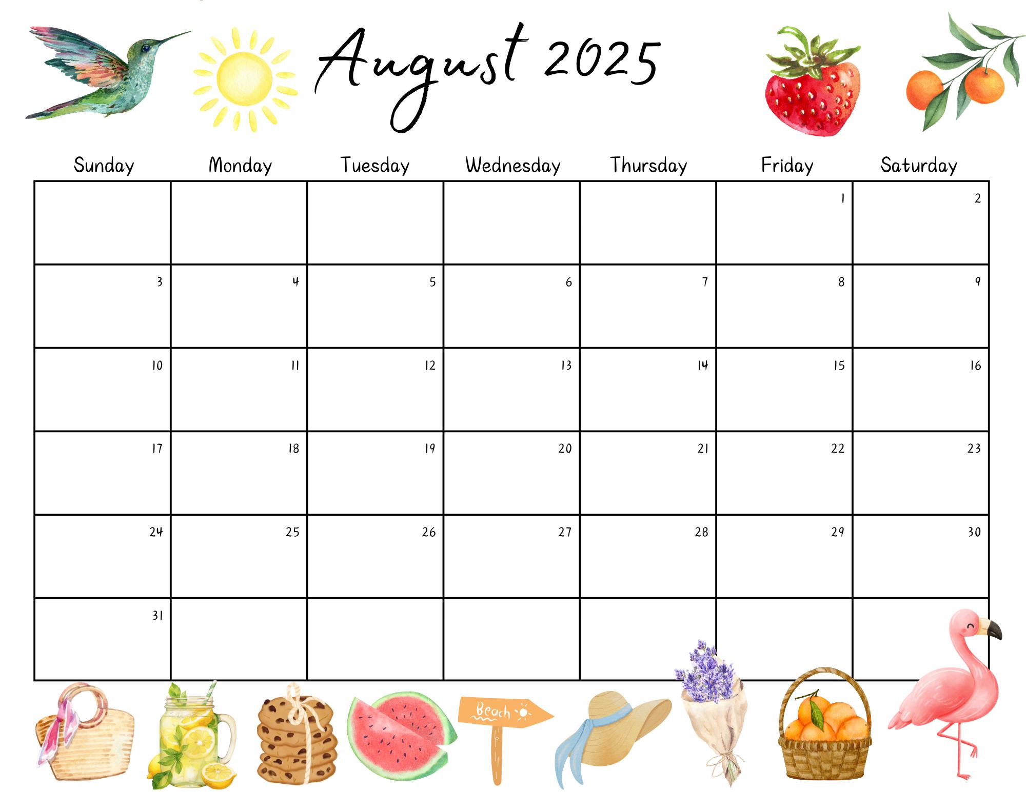 Editable August 2025 Calendar, Printable Fillable Digital Download ...