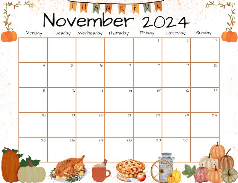 Editable November 2024 Calendar, Printable Calendar Thanksgiving 2024 ...