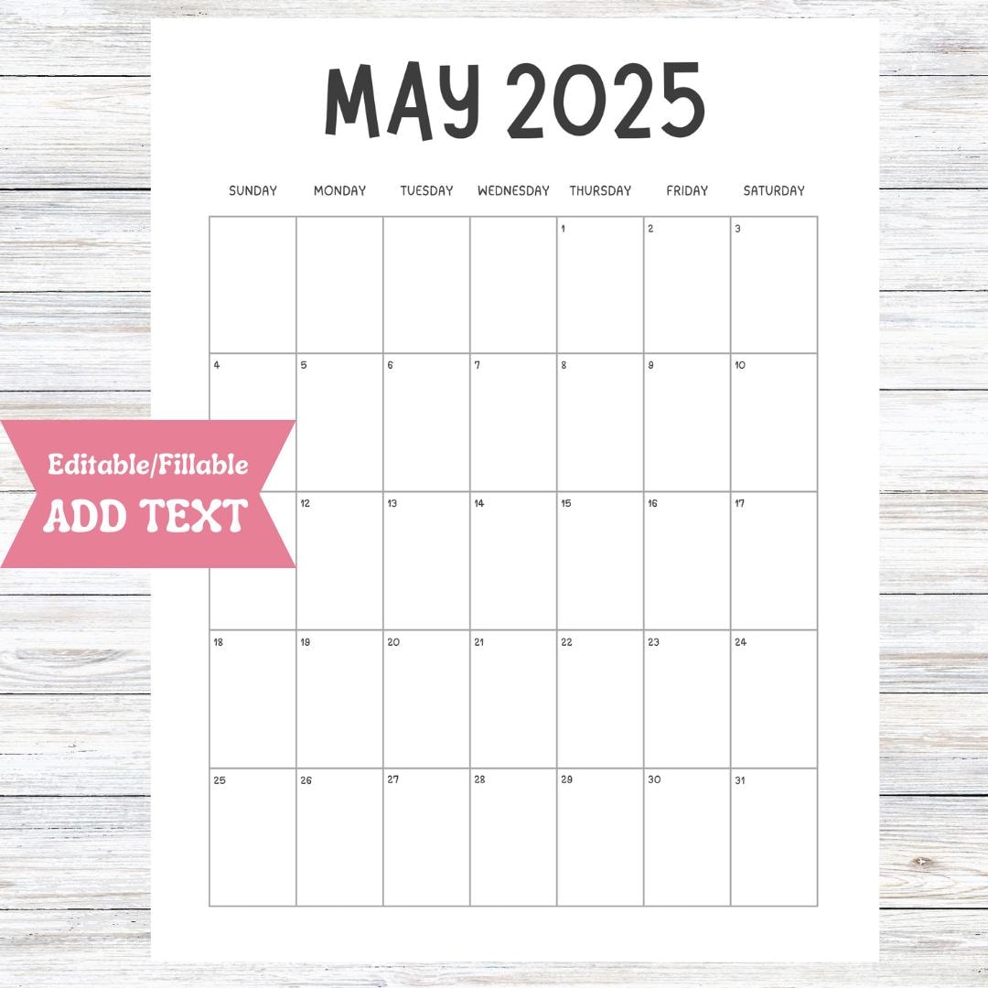 EDITABLE May 2025 Calendar, Printable Wall Calendar, Digital Download ...