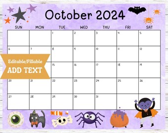 Editable October 2024 Calendar, Halloween Spooky 2024 Digital Download ...