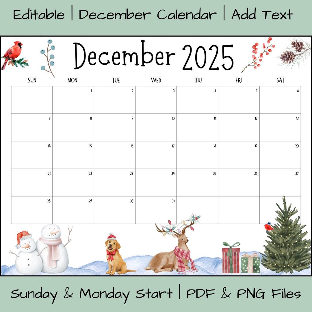 Editable December 2025 Calendar, Christmas Countdown, Fillable ...
